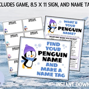 What's Your Penguin Name Game With Name Tags & Sign | Penguin Party ...