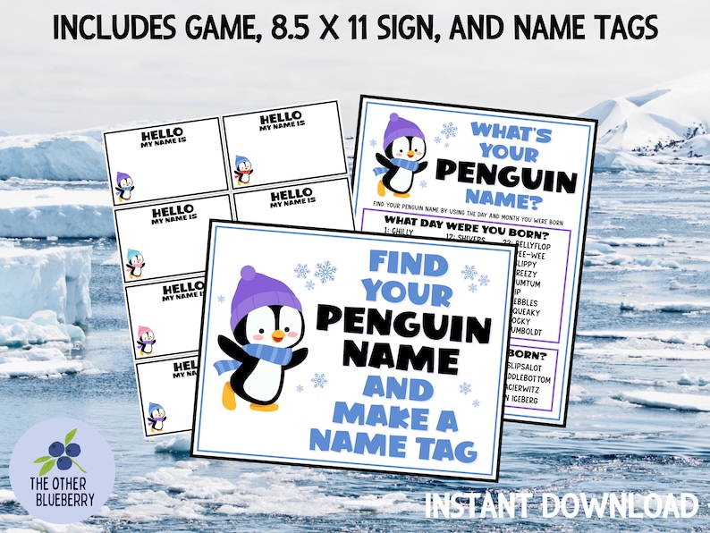 What's Your Penguin Name Game With Name Tags & Sign | Penguin Party ...
