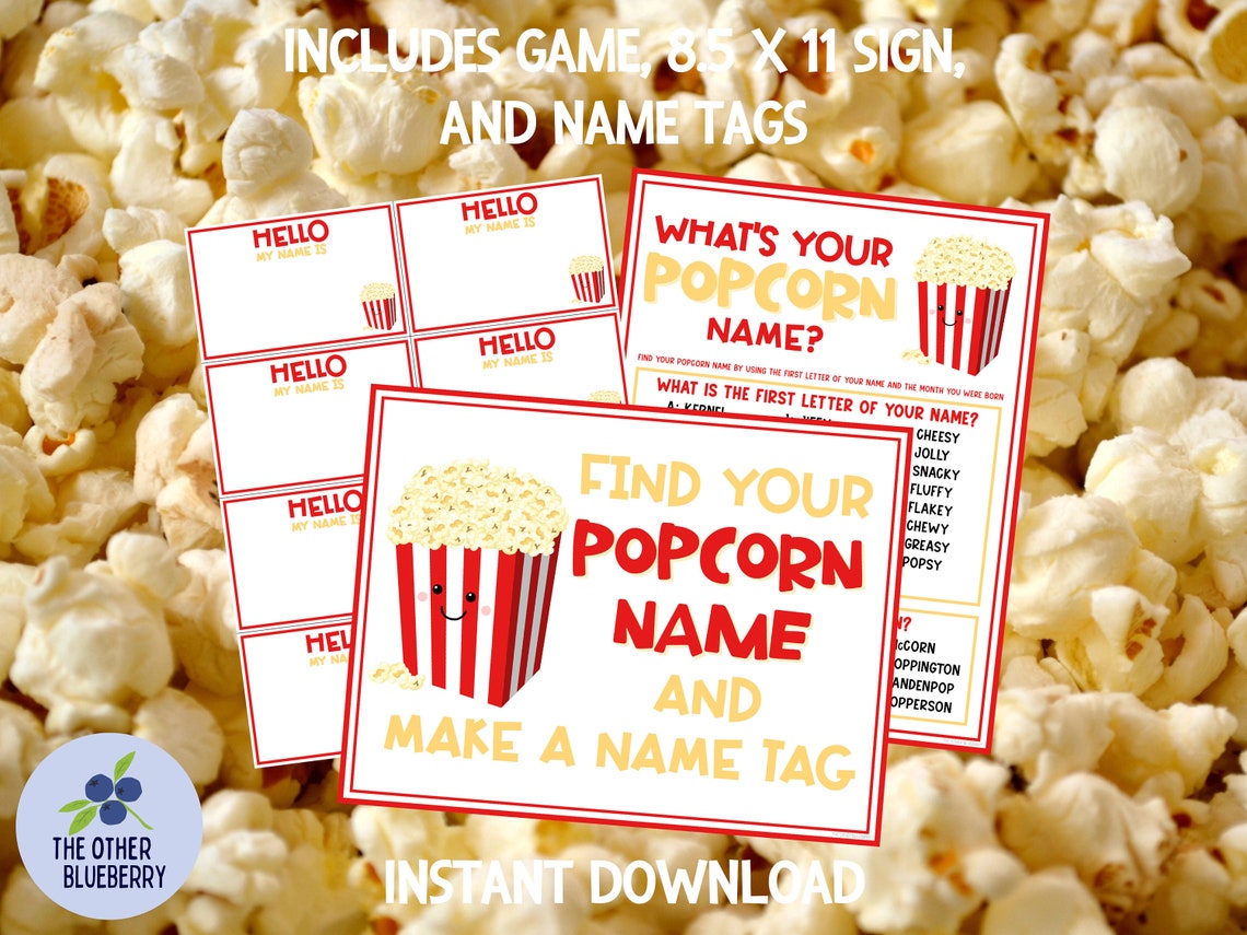 What's Your Popcorn Name Game With Name Tags & Sign - Etsy