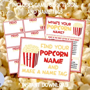 What's Your Popcorn Name Game With Name Tags & Sign | Popcorn Party ...