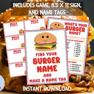 What's Your Burger Name Party Game With Name Tags & Sign | BBQ Party ...