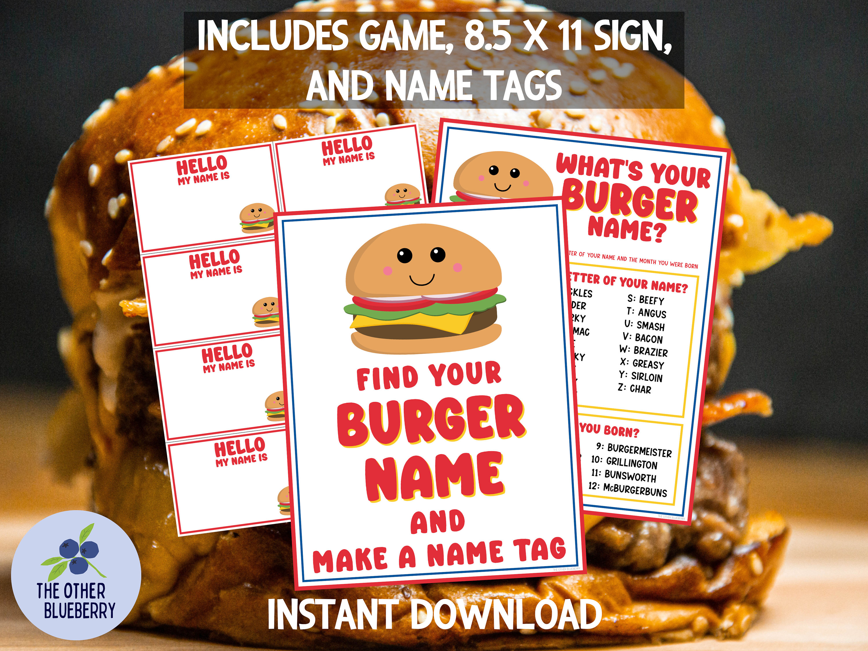 What's Your Burger Name Party Game With Name Tags & Sign BBQ Party ...
