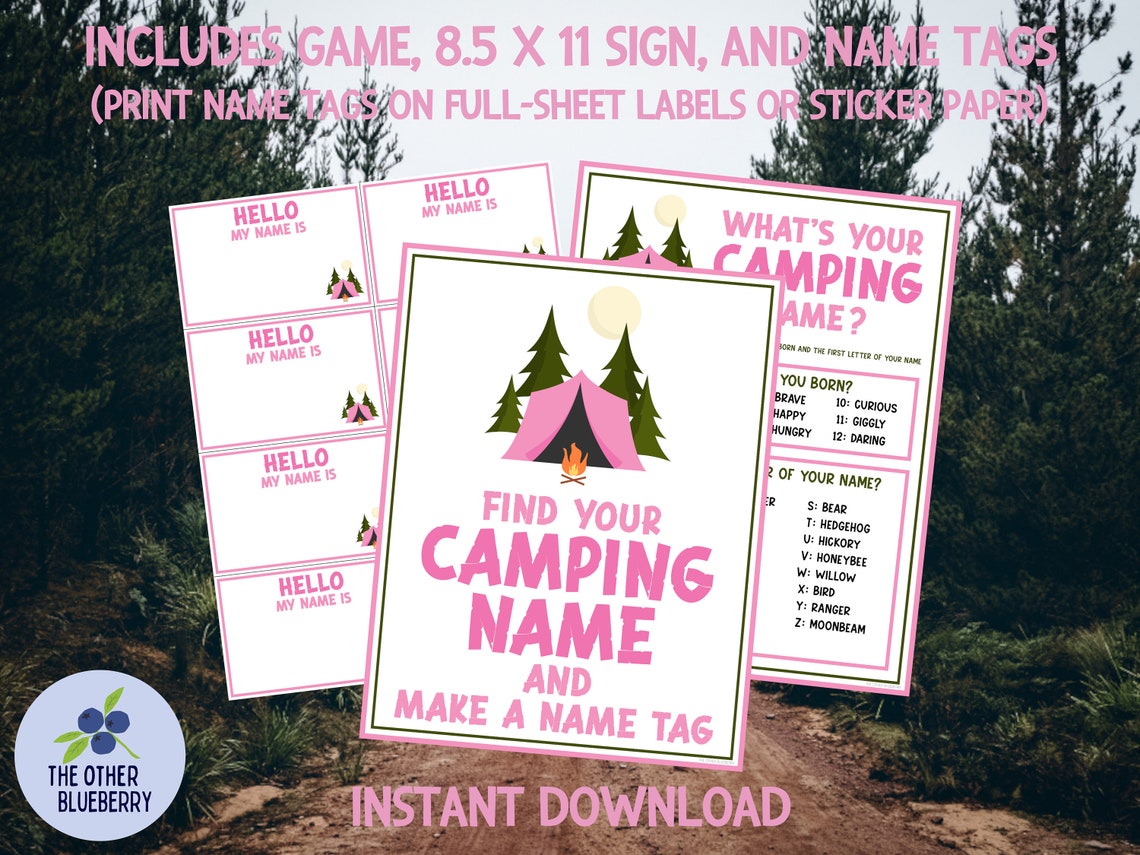 What's Your Camping Name Game With Name Tags & Sign Camping Party Game ...