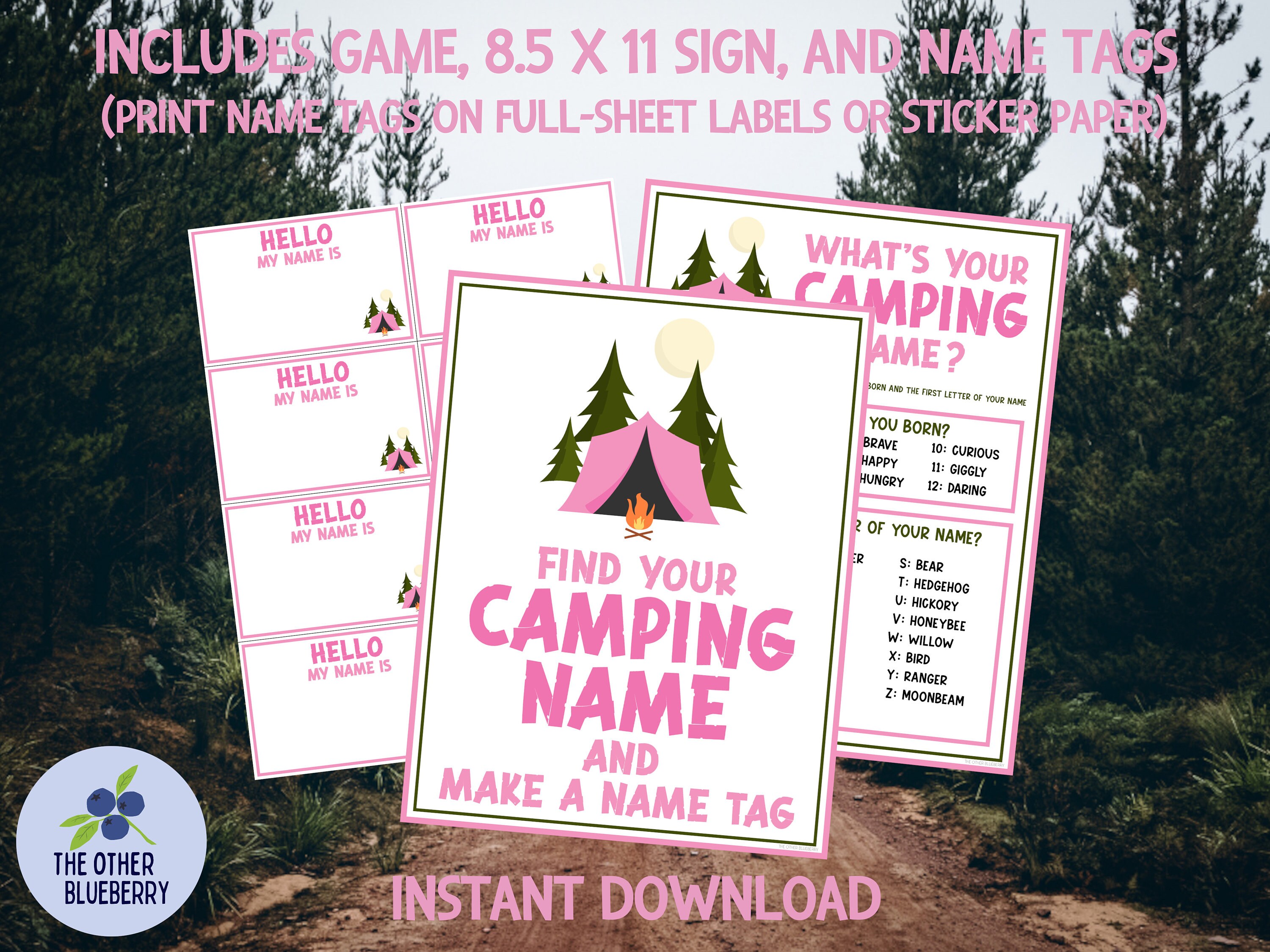 What's Your Camping Name Game With Name Tags & Sign Camping Party Game ...