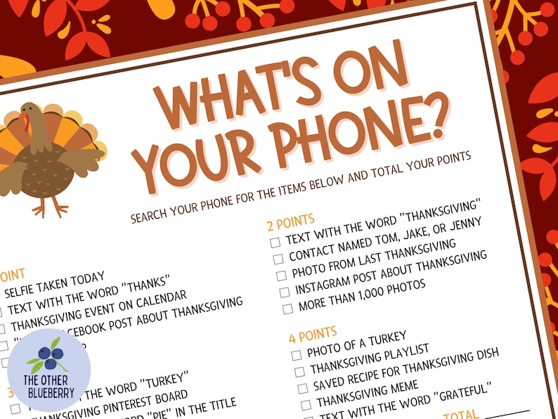 Thanksgiving What's on Your Phone Game Thanksgiving Party Game ...