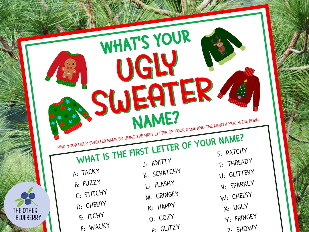 What's Your Ugly Sweater Name Game With Nametags & Sign | Ugly Sweater ...