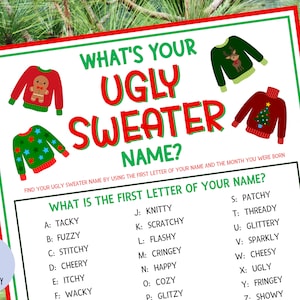 What's Your Ugly Sweater Name Game With Nametags & Sign | Ugly Sweater ...