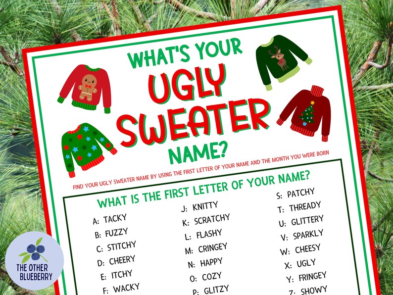 What's Your Ugly Sweater Name Game With Nametags & Sign Ugly Sweater ...
