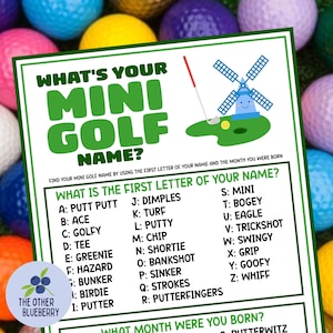 What's Your Mini Golf Name Game With Name Tags & Sign | Par-tee Game ...