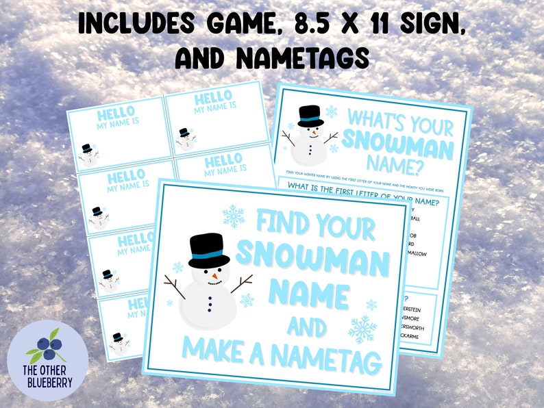 What's Your Snowman Name Game With Nametags & Sign Winter Party Game ...