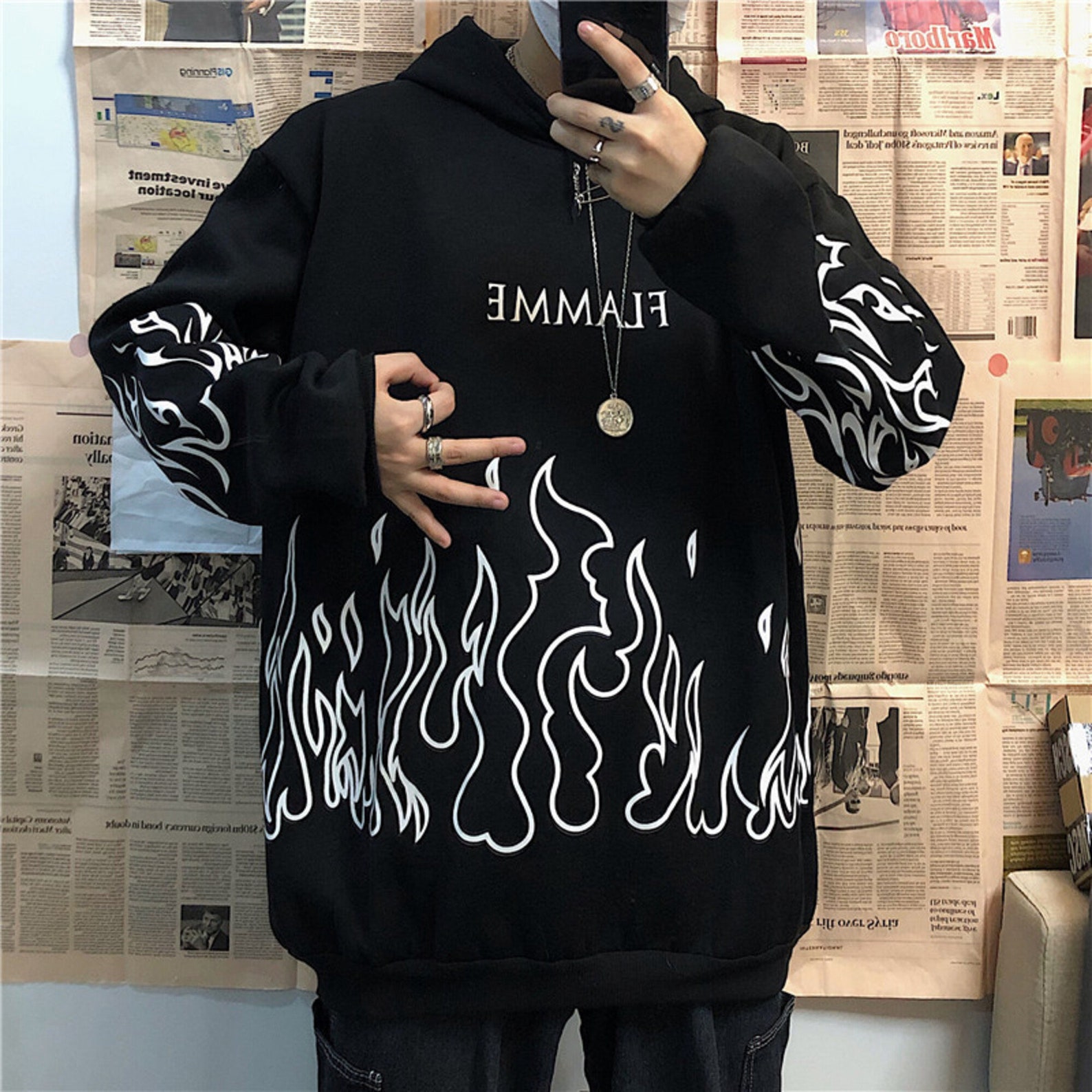 Retro Flame Print Hoodies Women Autumn Casual Oversized Long - Etsy