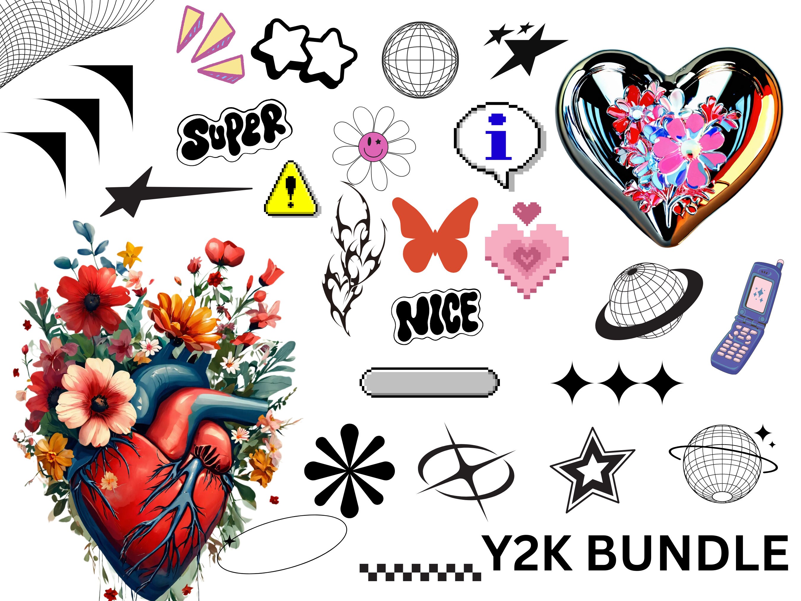 Y2K Attributes, Y2k Svg Bundle, Butterfly Svg, Heart Svg, Flower Svg ...