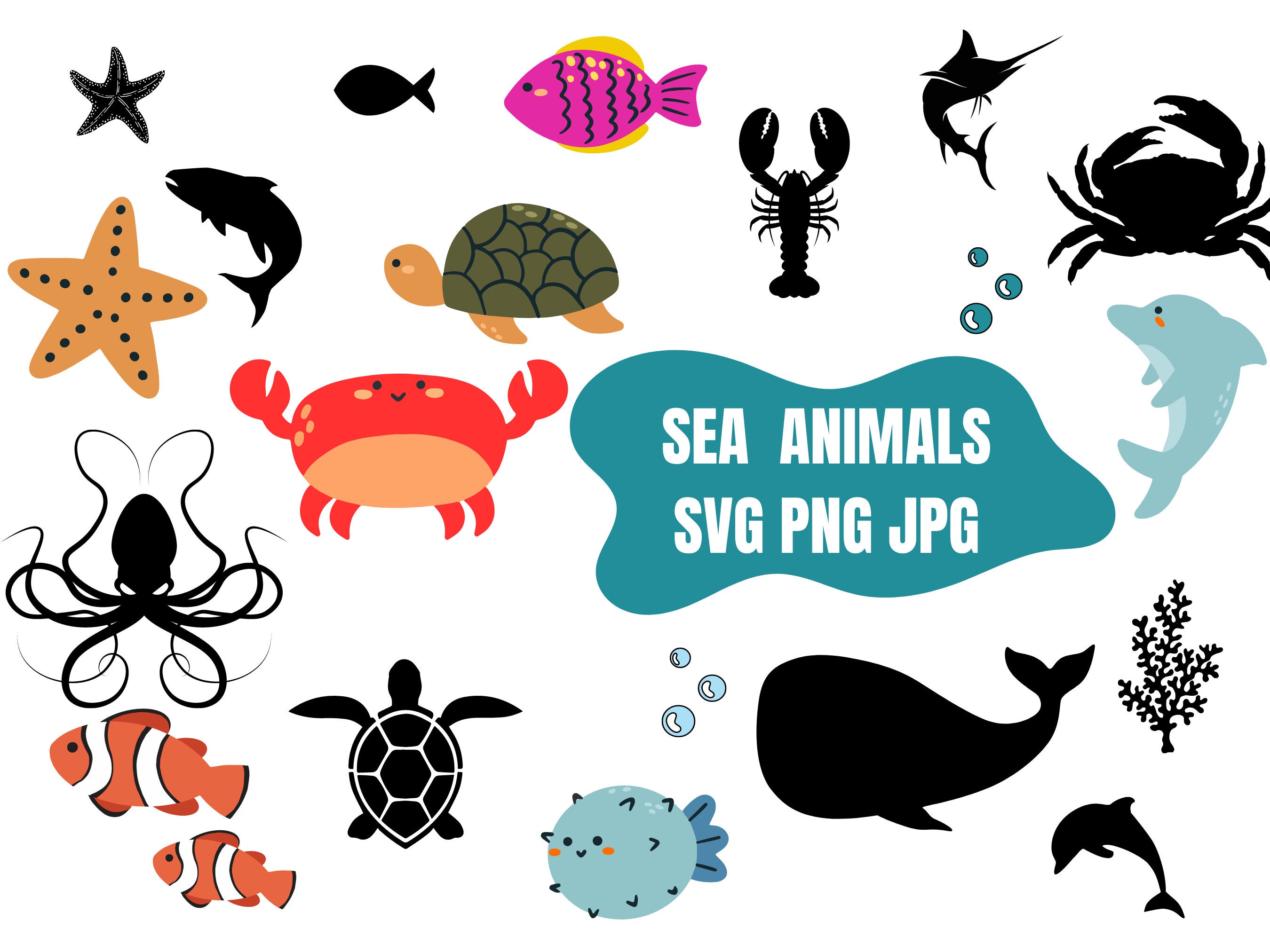 Sea Animals SVG Bundle, Sea Animal Cut Files, Sea Animal Svg, Sea ...