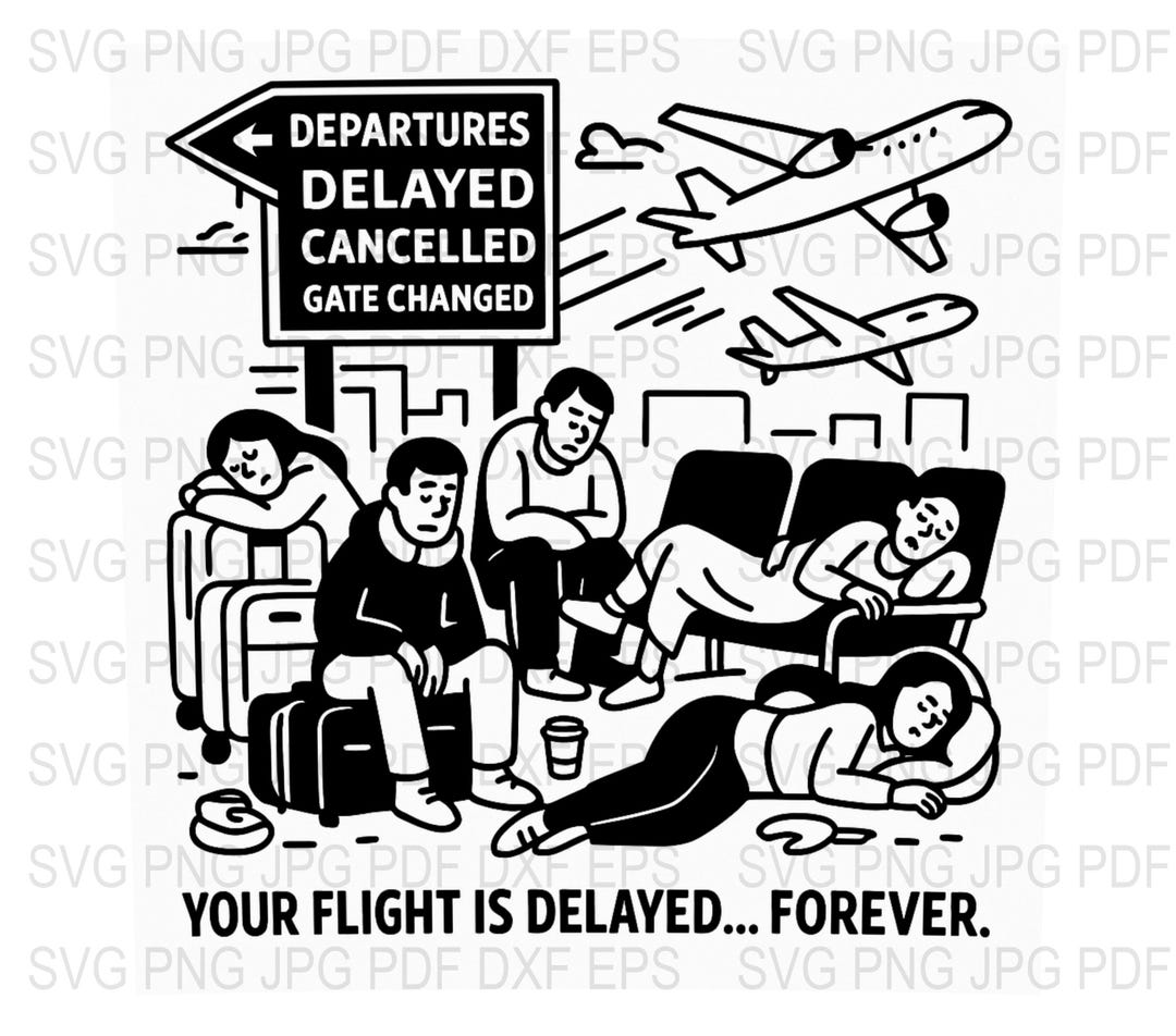 Flight Delay Humor Clipart, Digital SVG PNG, Funny Travel Illustration ...