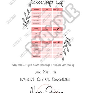 Female Screenings Log, Female Wellness Log - Etsy