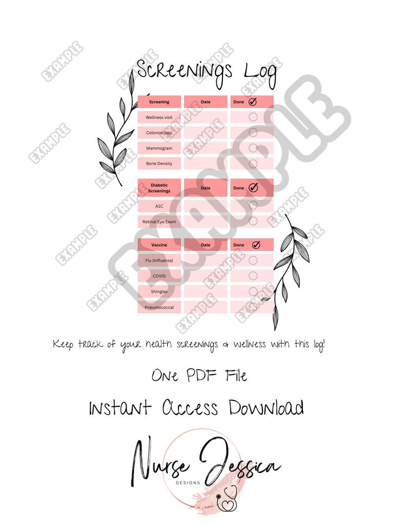 Female Screenings Log, Female Wellness Log - Etsy