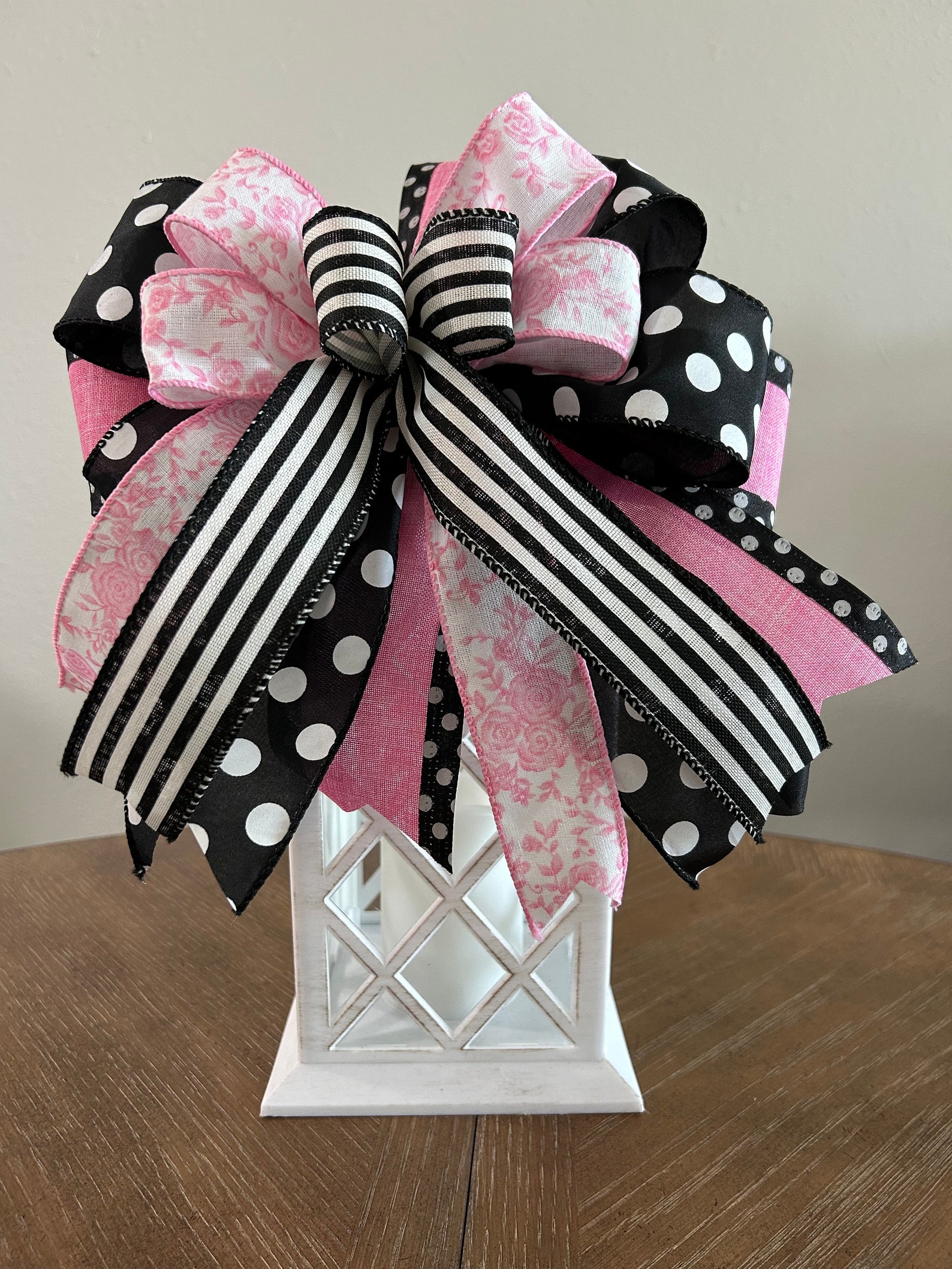 Spring Bow for Wreath Pink and Black Lantern Bow Baby Shower Decor Bow ...