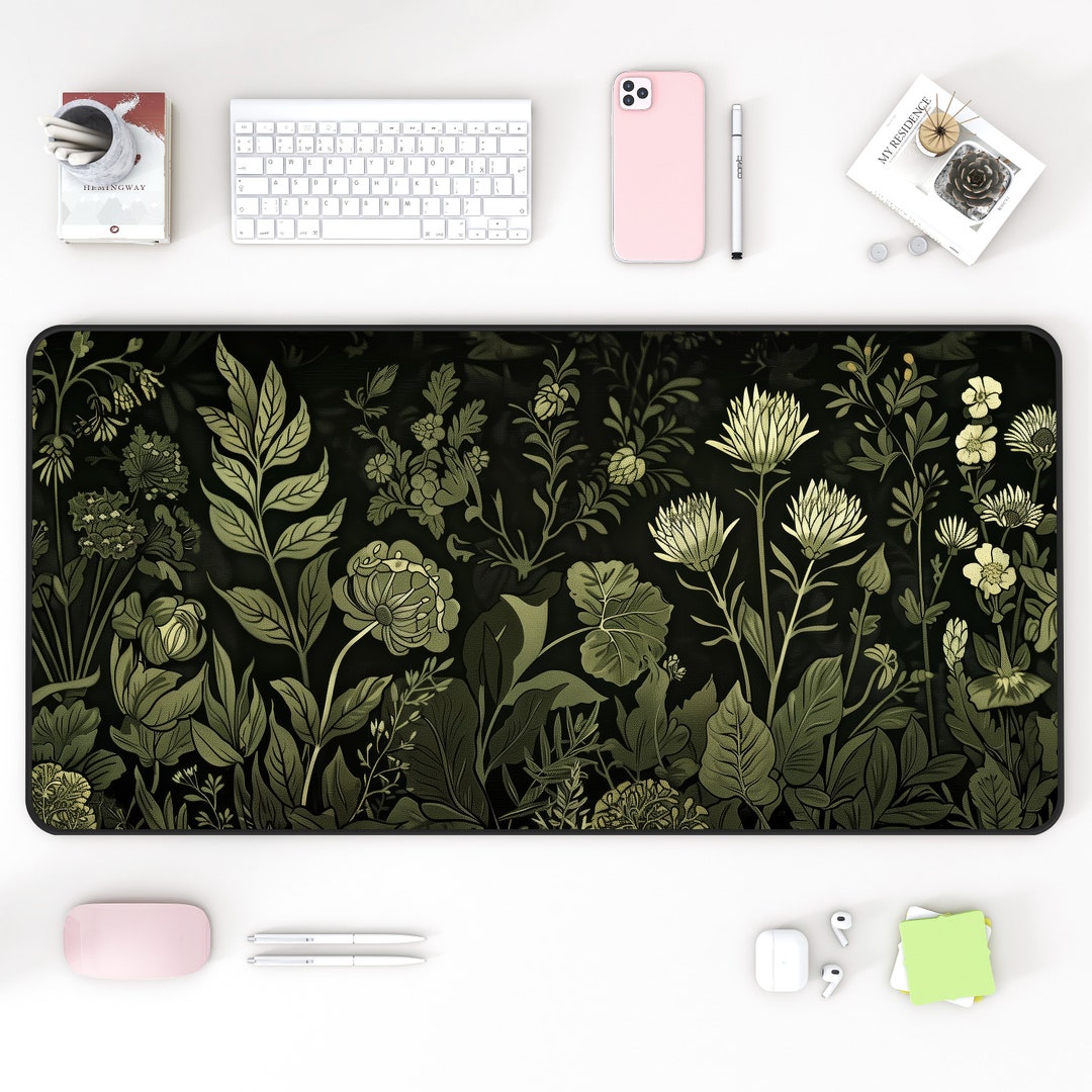 Green Botanical Art Desk Mat, Sage Green Floral Plant Design Keyboard ...