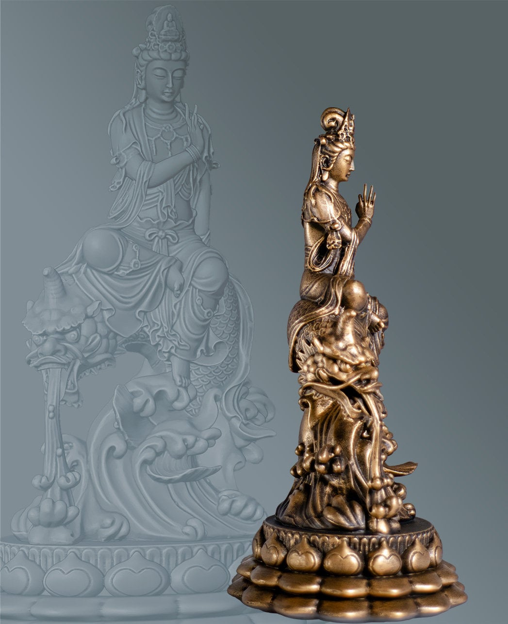 Guan Yin Statue. Goddess of Mercy, Bodhisattva of Compassion Riding ...