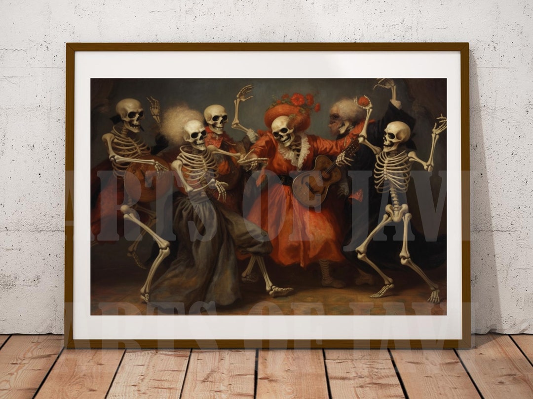 PRINTABLE Vintage Halloween Wall Art, Skeletons Party Painting, Spooky ...