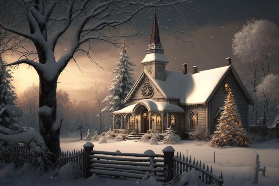 Snowy Christmas Church Scene - Canvas, Metal, Acrylic, Framed, or ...