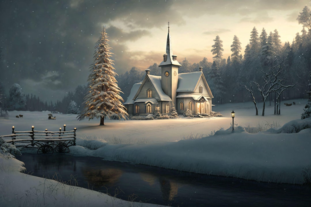 Snowy Christmas Church Scene Art Print – Winter Holiday Decor - Etsy