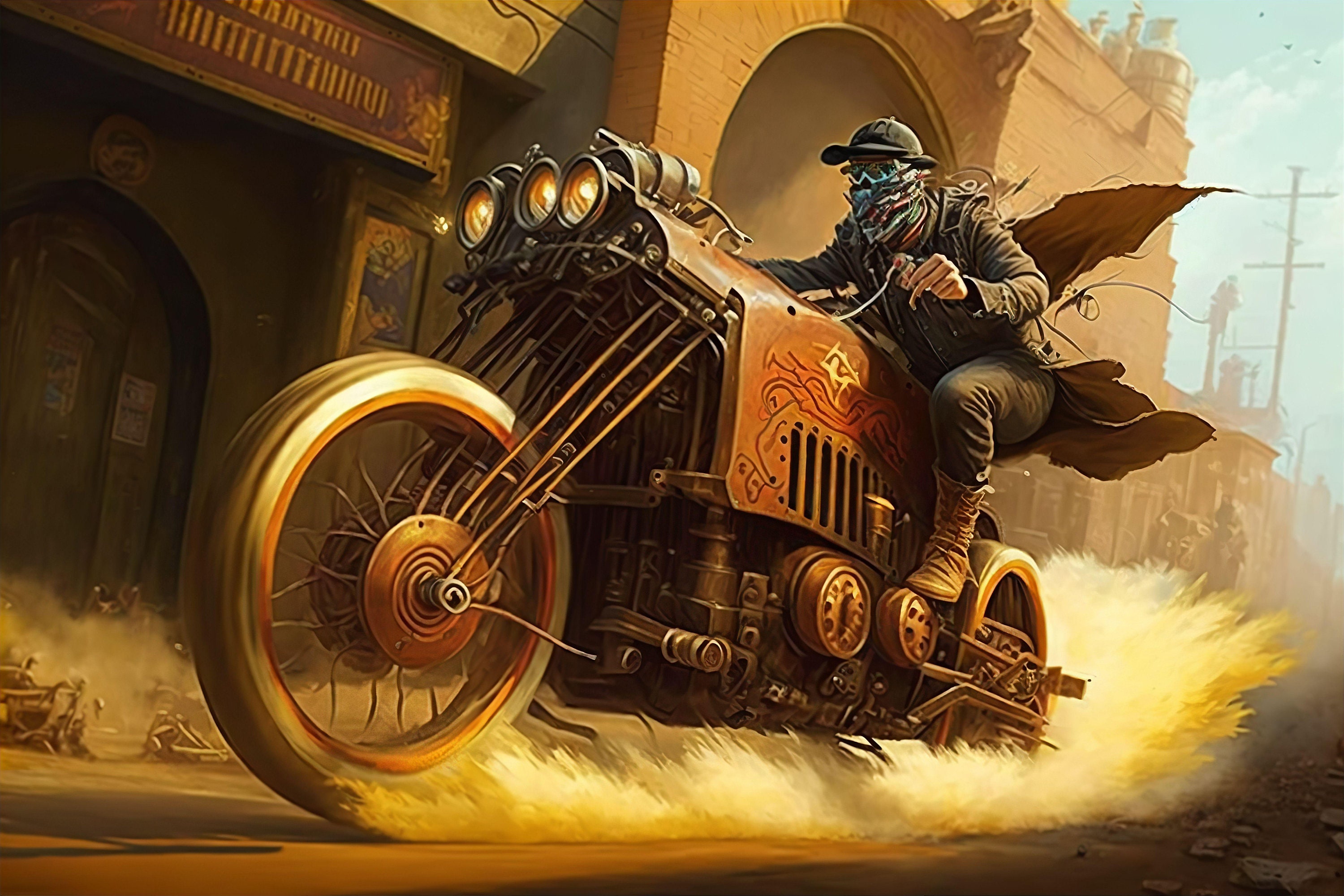 Steampunk Motorcycle Rider Canvas, Metal, Acrylic, or Giclee Quality ...