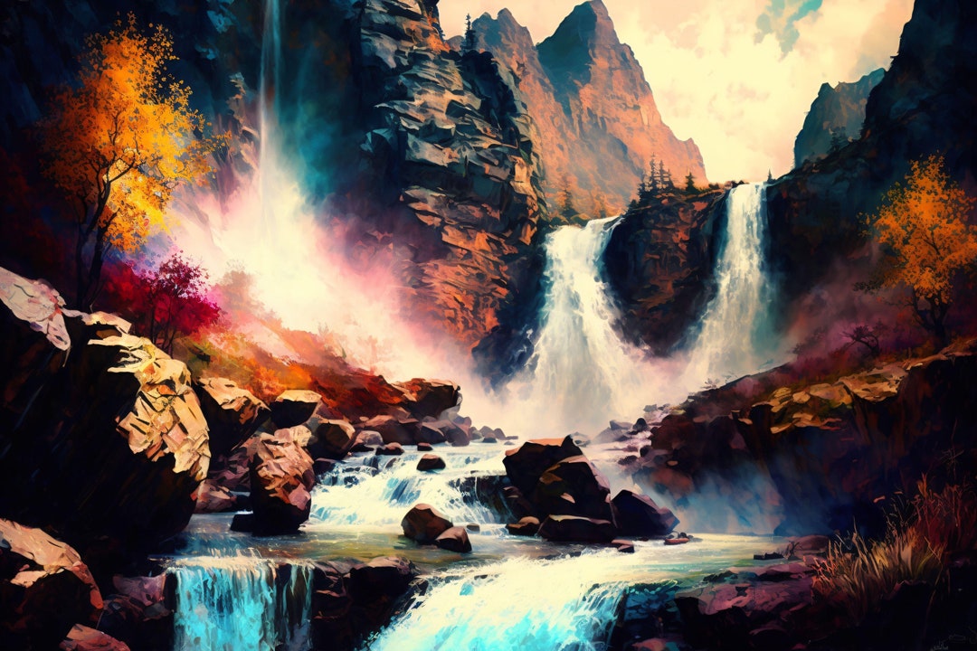 Colorful Waterfall Landscape Canvas, Metal, Acrylic, or Giclee Quality ...