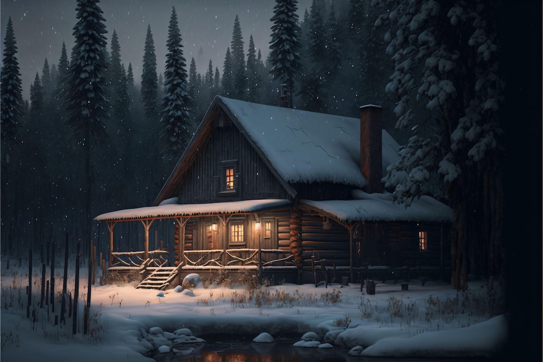Snowy Cabin in the Woods - Canvas, Metal, Acrylic, Framed, or Giclee ...