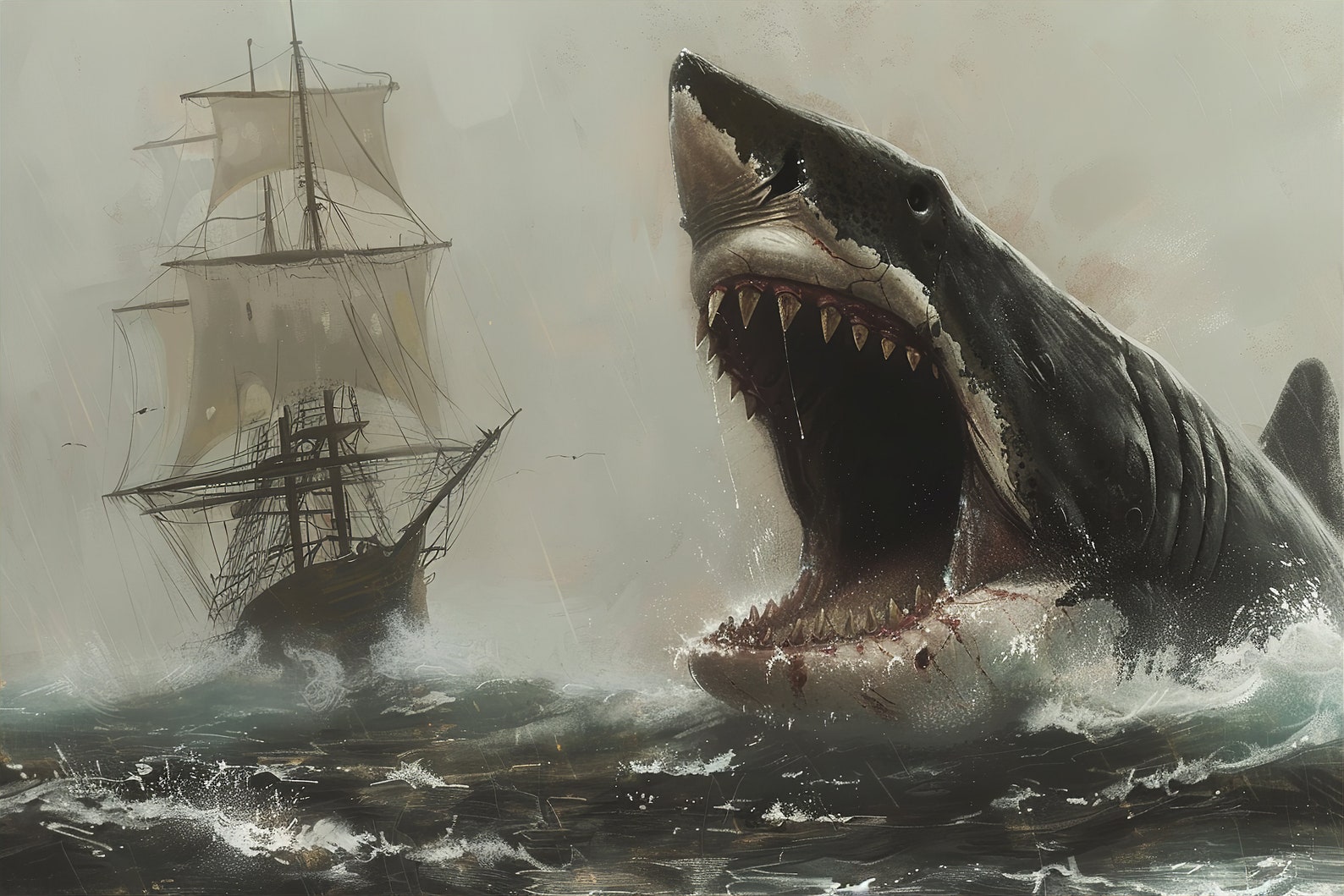Old Ship Being Attacked by Megalodon Canvas, Metal, Acrylic, or Giclee ...