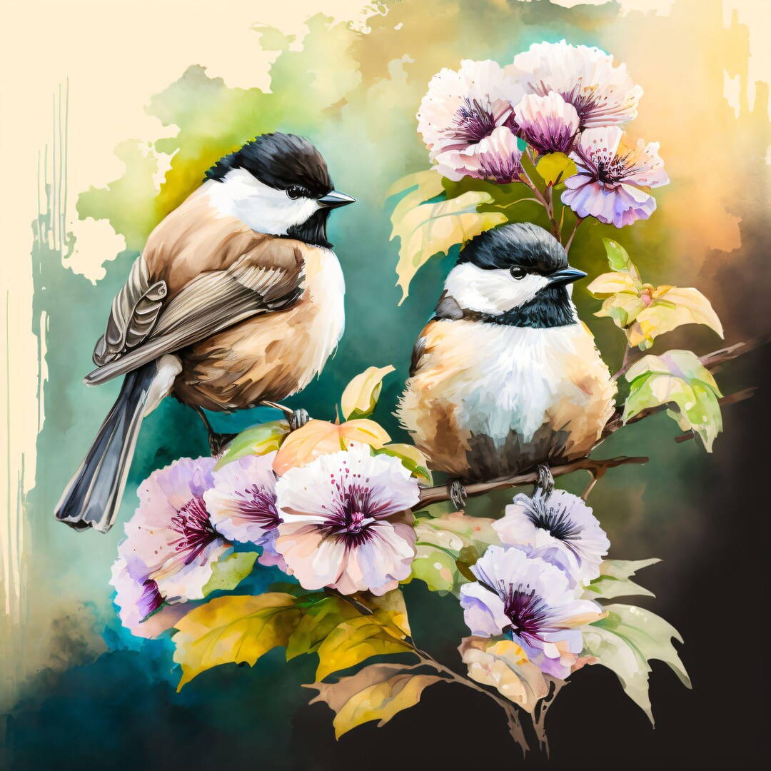 Chickadees A Tree with Flowers - Canvas, Metal, Acrylic, Framed, or ...