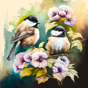 Chickadees A Tree With Flowers Canvas, Metal, Acrylic, Framed, or ...