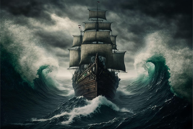 Old Ship in Rough Seas Canvas, Metal, Acrylic, or Giclee Quality Prints ...