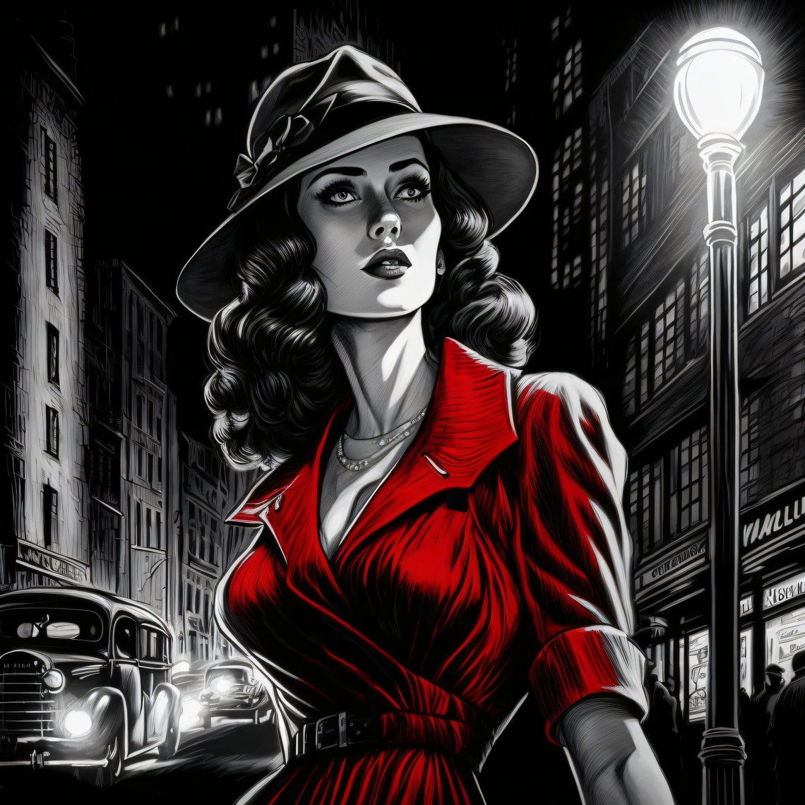 1920s Woman in Red Film Noir Style Canvas, Metal, Acrylic, or Giclee ...