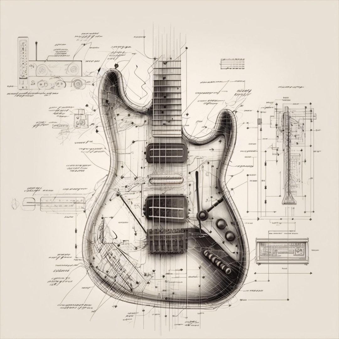 Guitar - Diagrammatic Drawing - Canvas, Metal, Acrylic, Framed, or ...