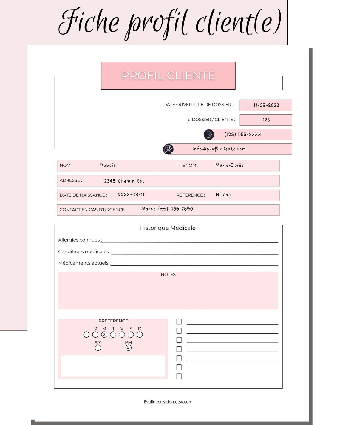 General Template Client/client Profile Sheet to Print Instant Download ...