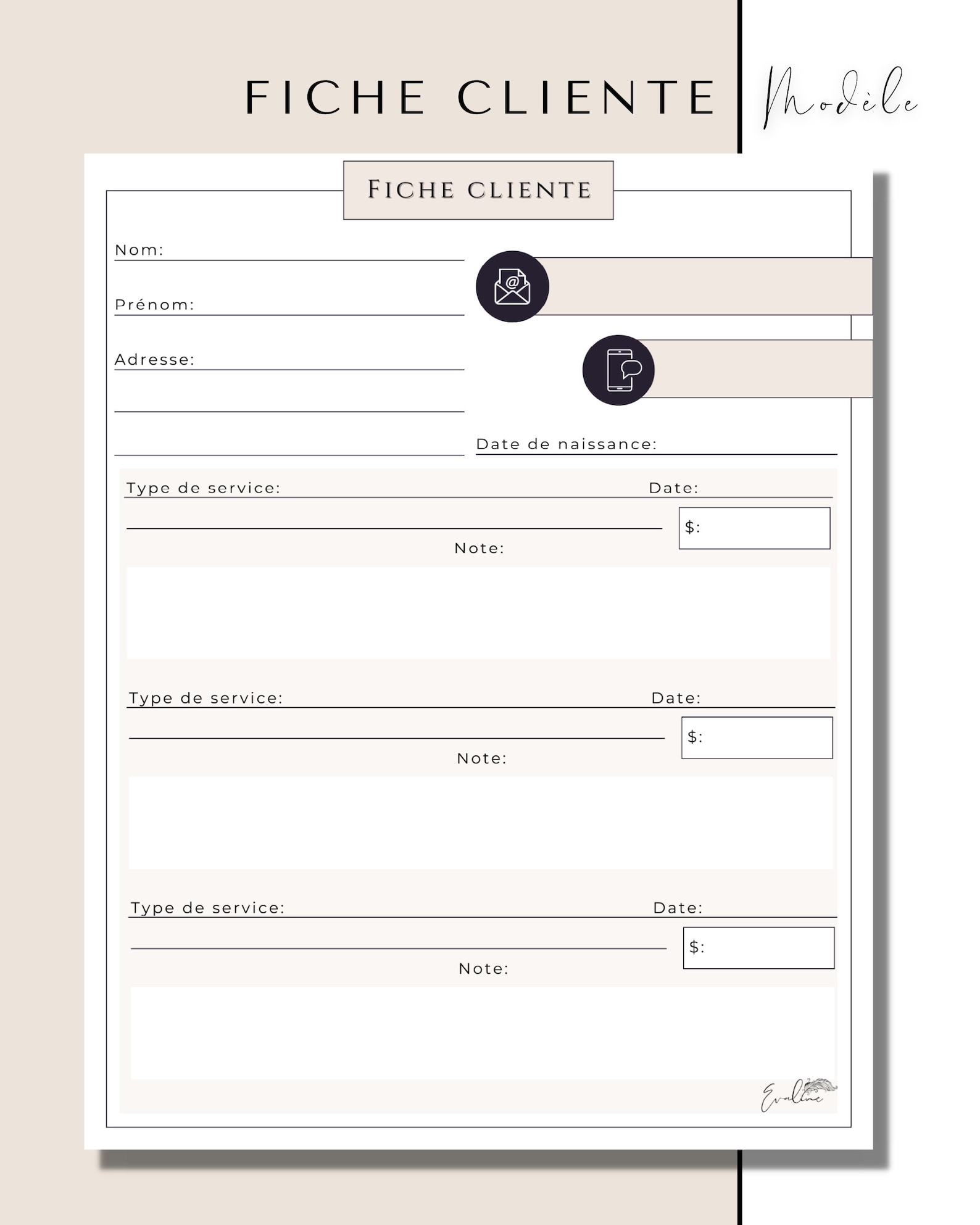 Fiche client/cliente profile à imprimer, téléchargement instantané, modèle de profil cliente ...