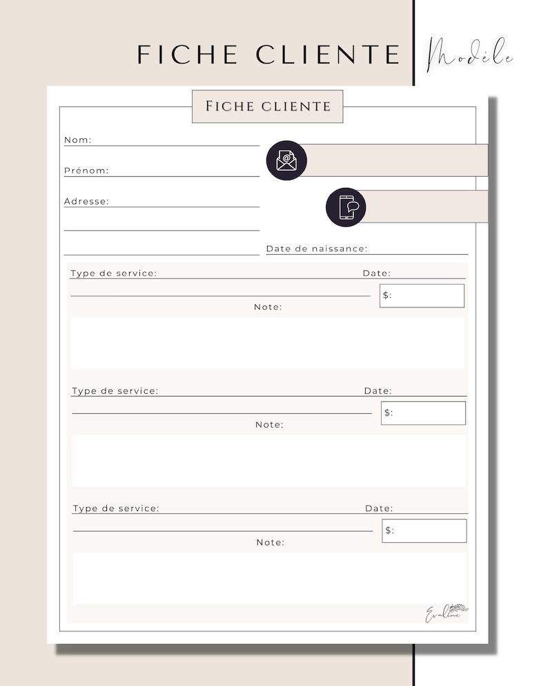 Fiche client/cliente profile à imprimer, téléchargement instantané ...
