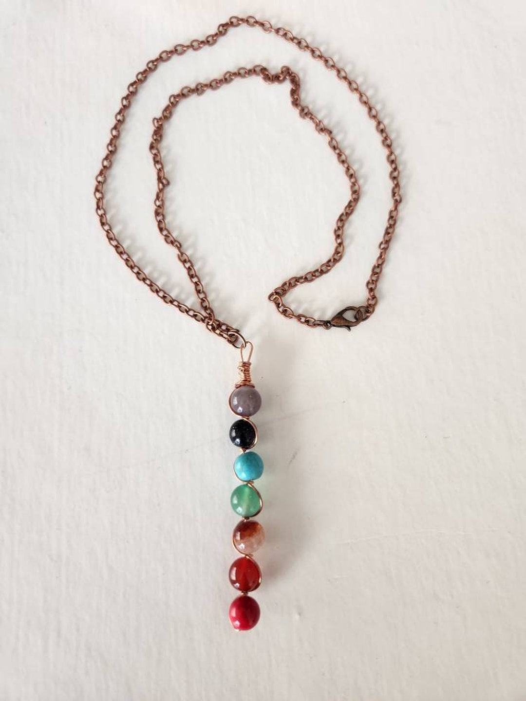 7 Chakra Necklace, Wire Wrapped Chakra Gemstone Pendant on Copper Chain ...