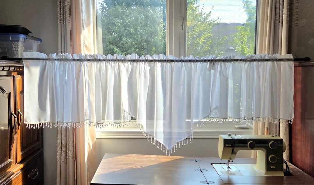 Window Valance, White, Sheer, 3-piece, With Beaded Fringe and Rod ...