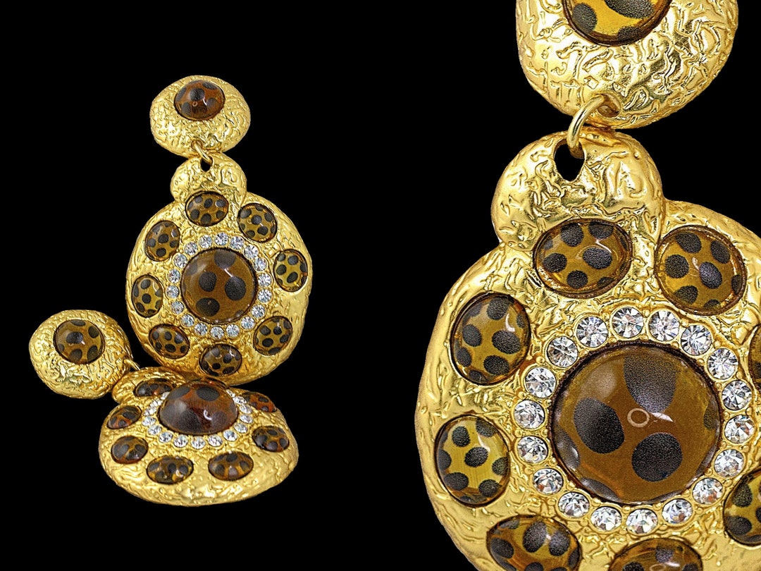 Vintage Jacky De G 80s Big Gold Amber Leopard Drop Bougie Dangle ...