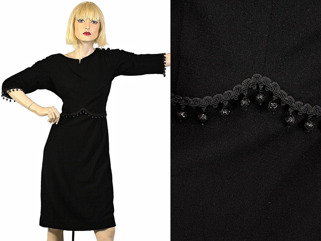 Vintage 60s Black Wool Dress - Beaded Fringe Trim, Ben Barrack - Etsy