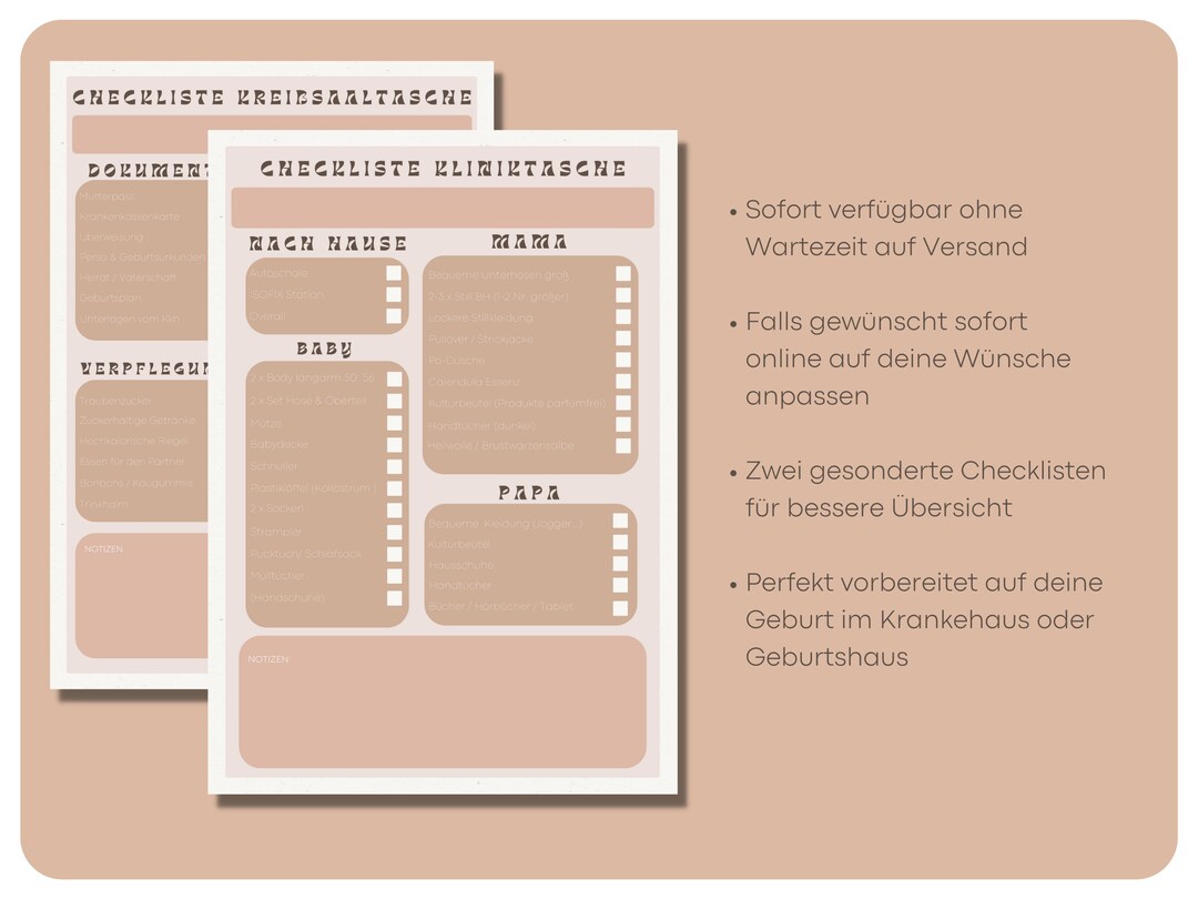 Checkliste Kliniktasche Packliste Geburt Klinik Kreißsaal Geburtshaus Geburtstasche Digital ...