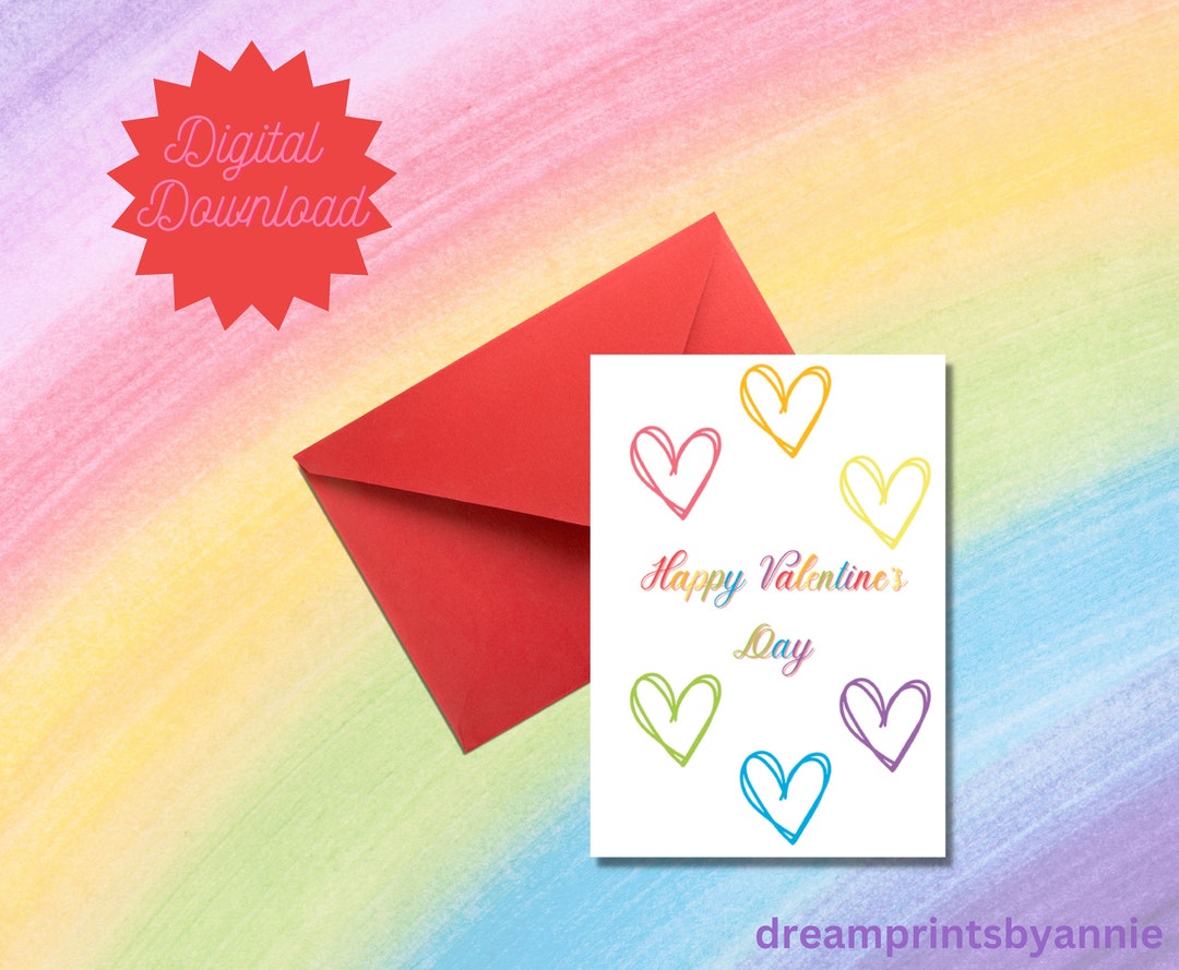 Printable Rainbow Heart Digital Greeting Card 5x7 Inches, Valentine's ...
