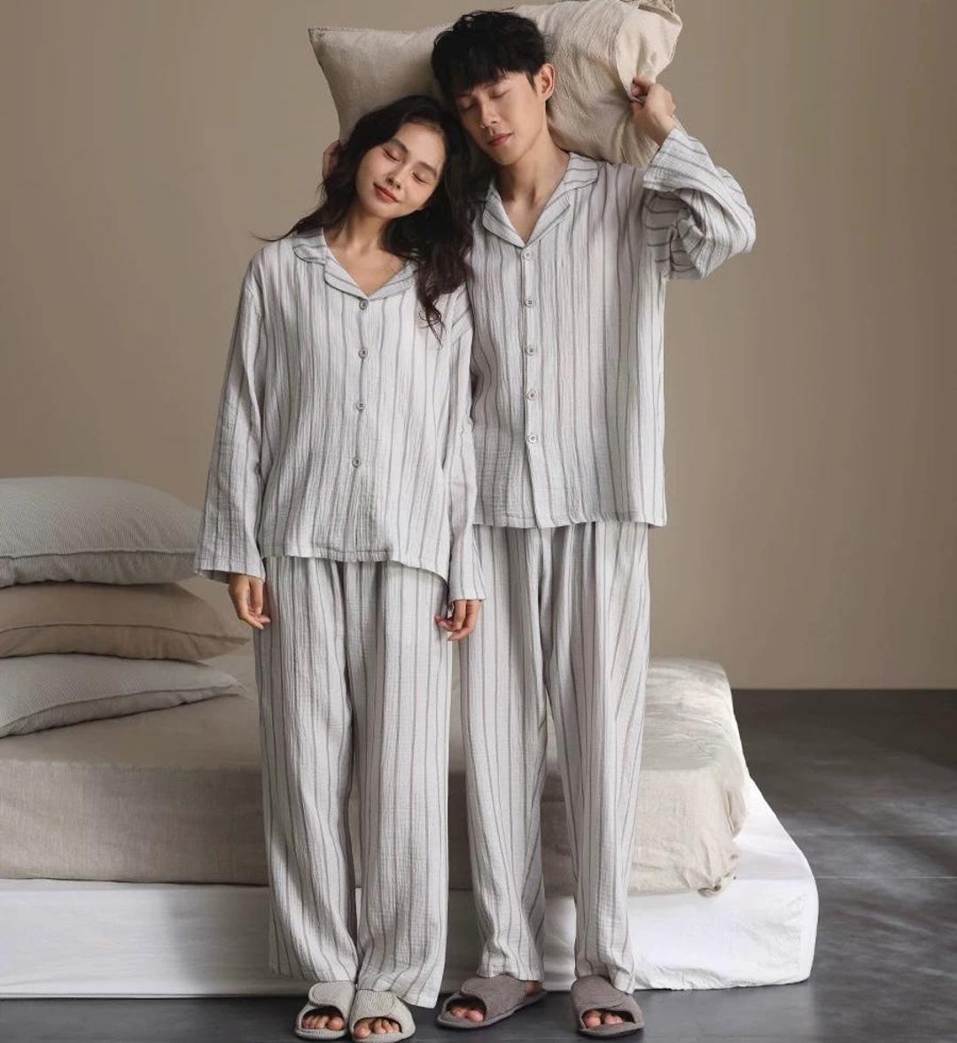 Couple Matching Pajama Set, Striped Gauze Cotton Loungewear, Muslin ...