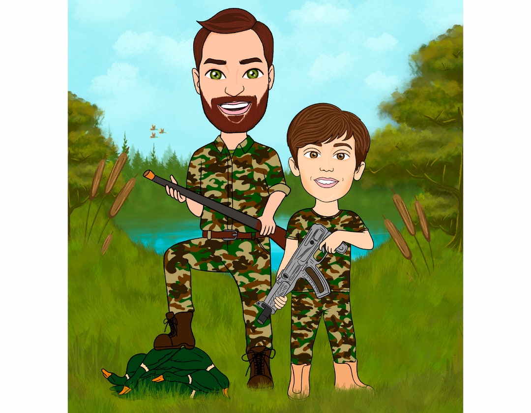 Father With Son Hunting Caricature Portrait, Customized Cartoon Hunter ...