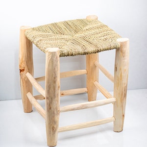 Large Handmade Moroccan Wood and Straw Stool, Ecofriendly Moroccan ...