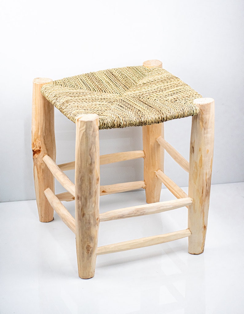 Large Handmade Moroccan Wood and Straw Stool, Ecofriendly Moroccan ...