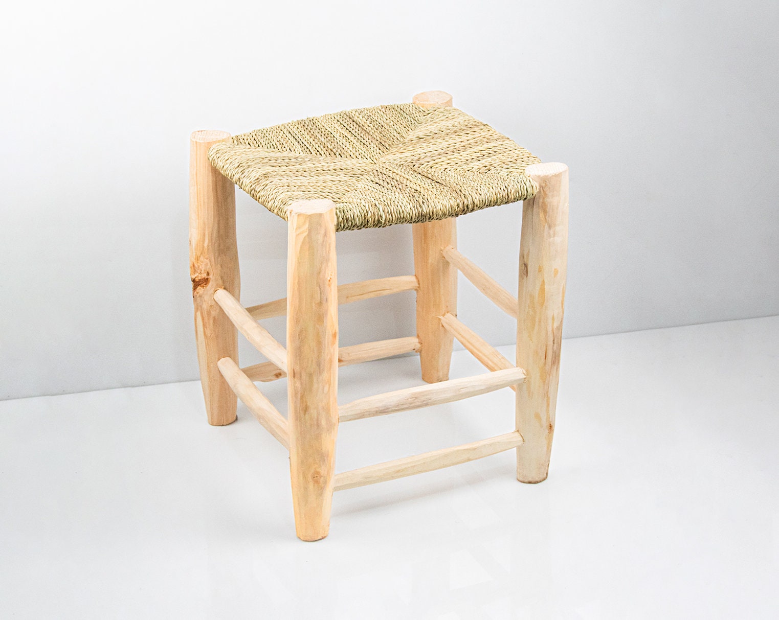 Large Handmade Moroccan Wood and Straw Stool, Ecofriendly Moroccan ...