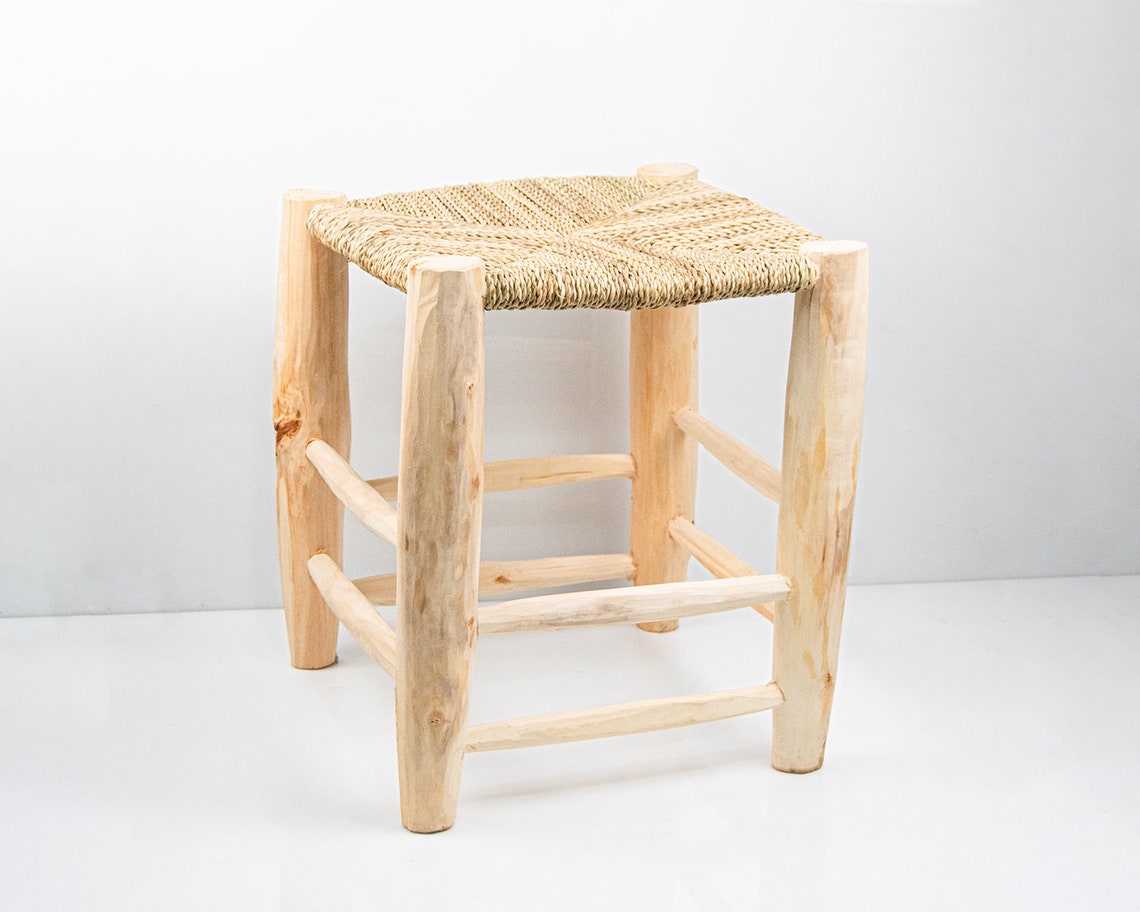Large Handmade Moroccan Wood and Straw Stool, Ecofriendly Moroccan ...